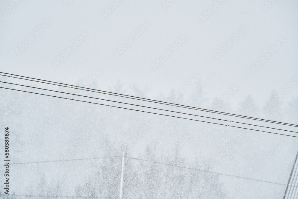 Heavy snow on electrical wires. Frozen electric wires in the city ...