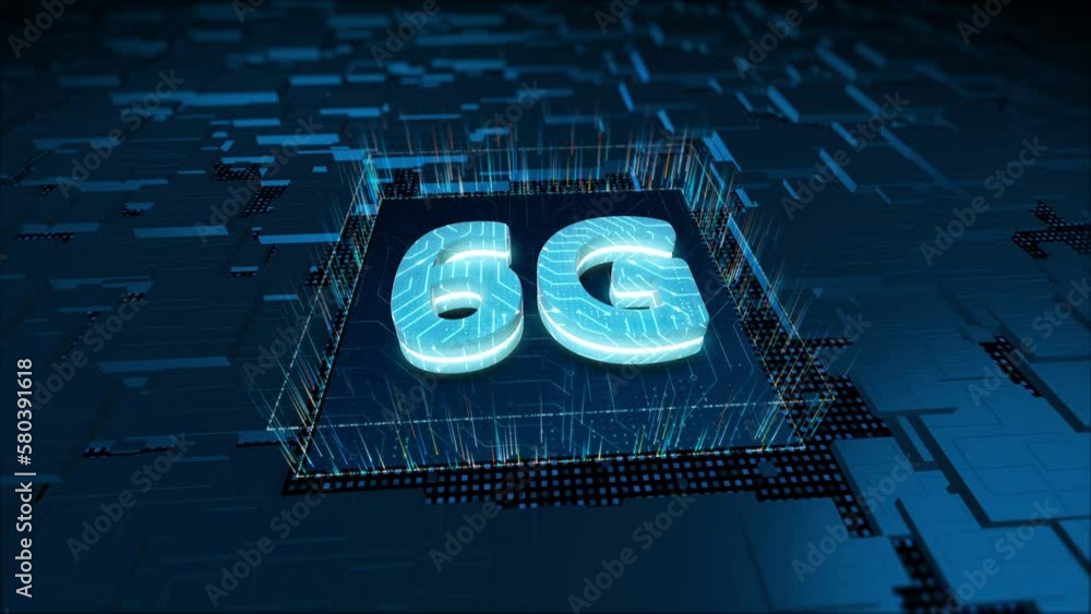 Motion graphic of 3D blue 6G letter and particles with circuit board ...