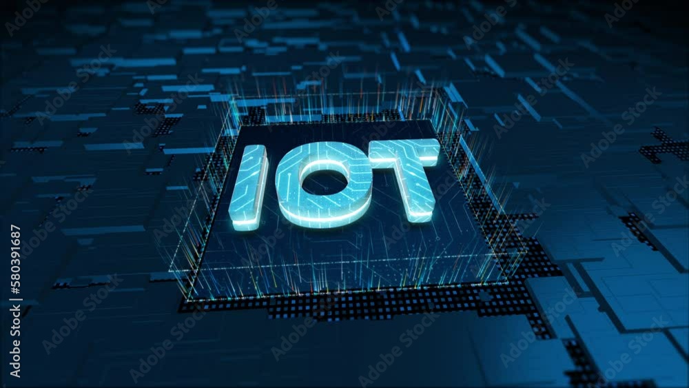Motion graphic of 3D blue IOT letter and particles with circuit board ...
