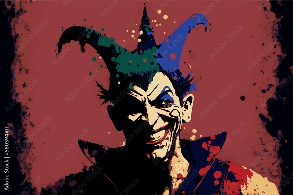 Mad crazy jester. Vector illustration of scary clown. Horror circus ...