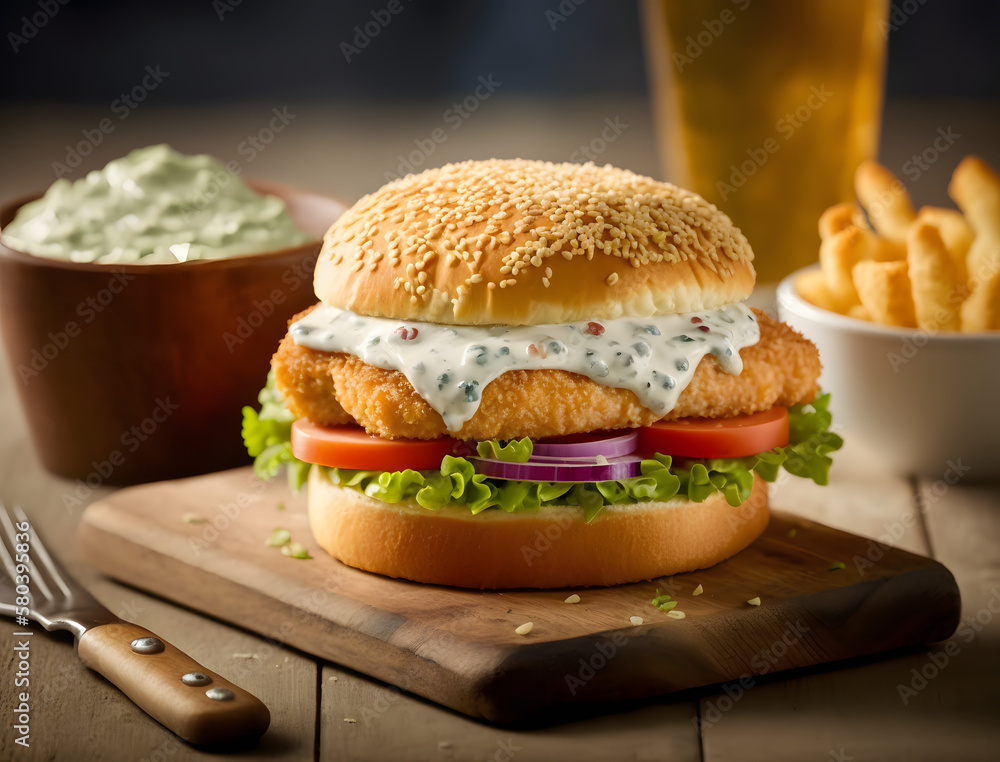 A delicious fish burger with a golden, crispy panko-breaded fish fillet ...