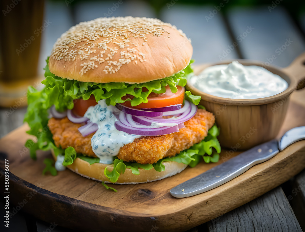 A delicious fish burger with a golden, crispy panko-breaded fish fillet ...