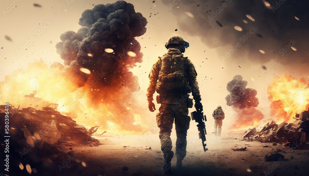 War. Armed soldier with explosions on background. AI Stock Illustration ...