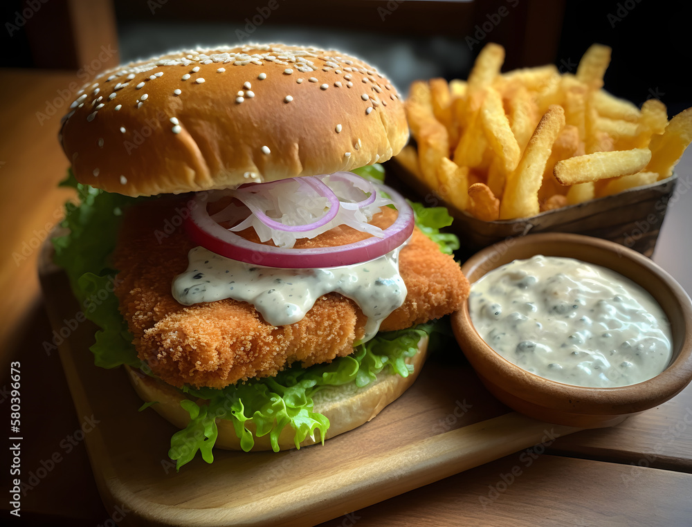 A delicious fish burger with a golden, crispy panko-breaded fish fillet ...