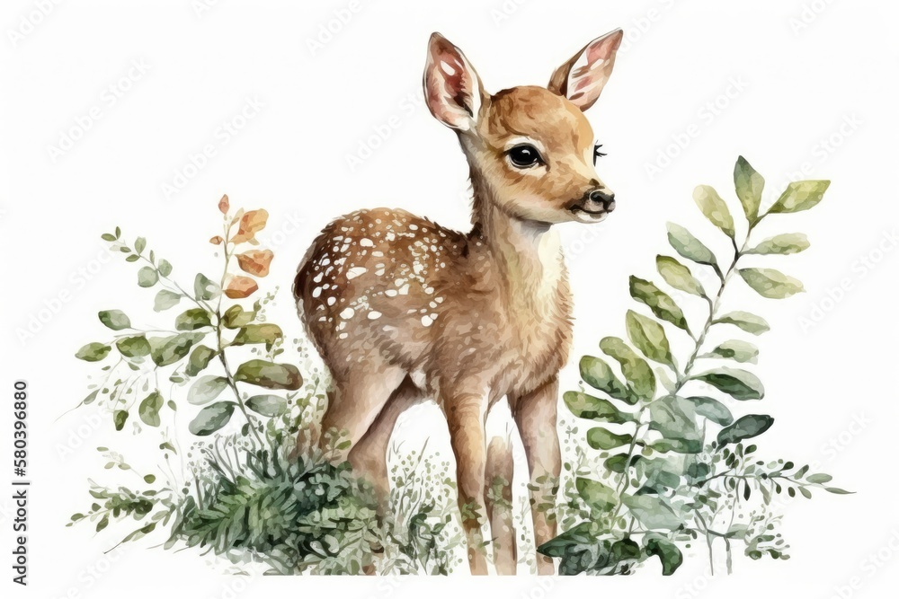 Watercolor picture of a cute little deer, forest animal, baby deer ...