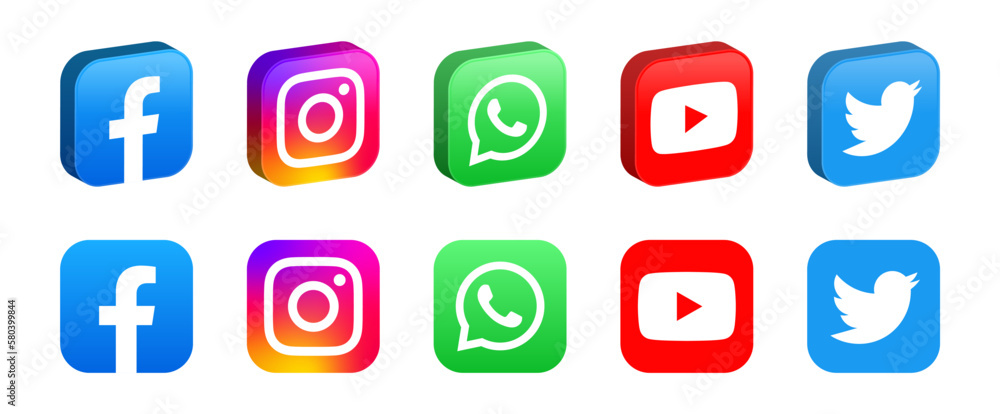 social media icons. social media logo 3d, facebook, instagram, youtube ...
