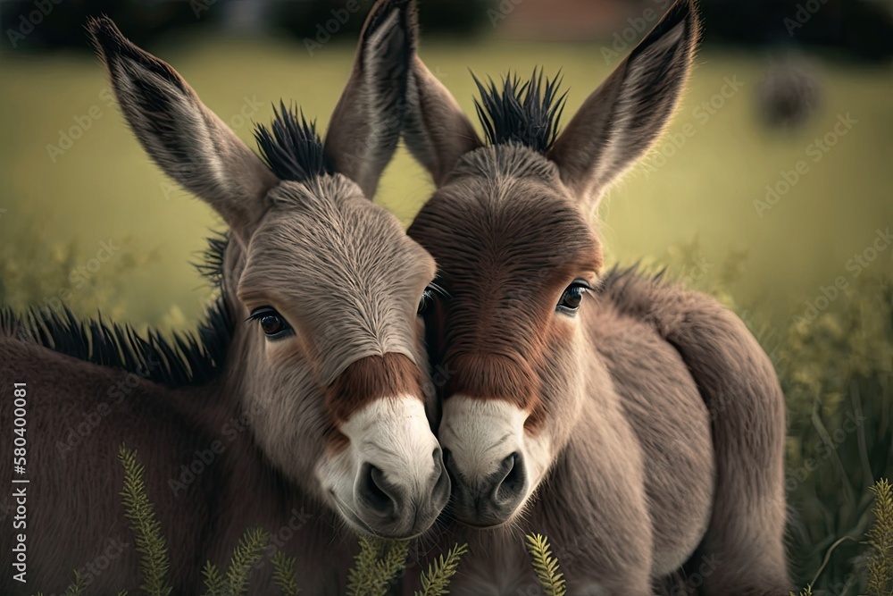 Two small donkeys are cuddling as they eat grass. Generative AI Stock ...