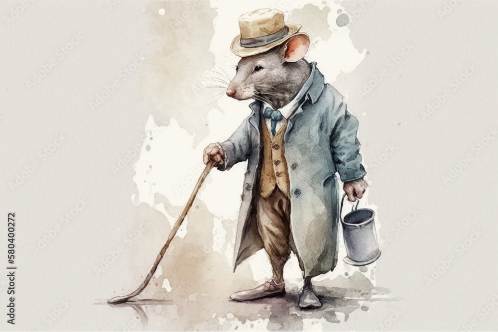 Watercolor drawing of an old man mouse in a gray suit holding a hat and ...