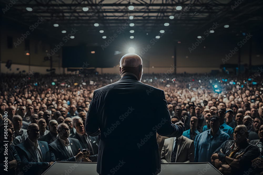 The politician deputy speaks on the stage in front of a crowd of people ...