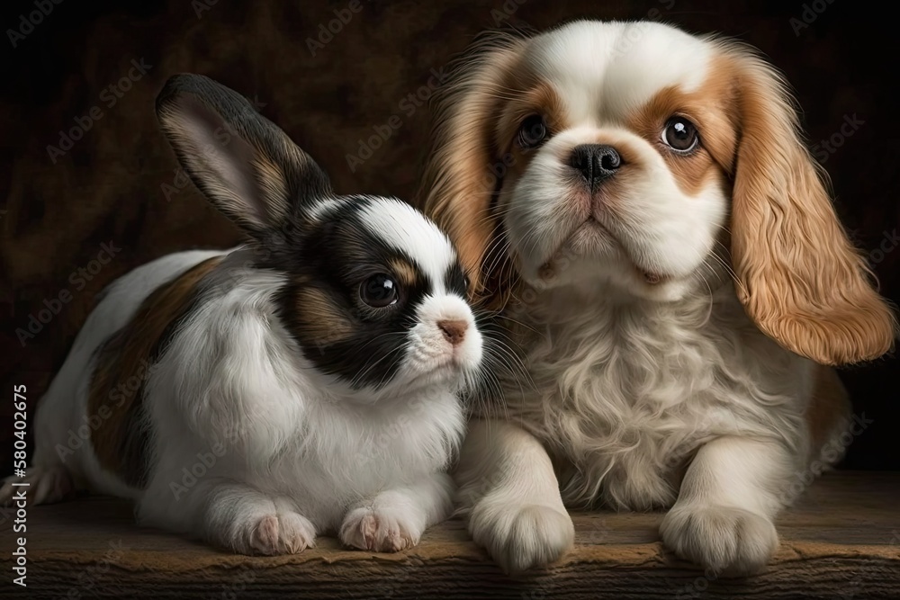 Together, a dog and a rabbit. Animal friends. Sibling rivalry rabbit ...