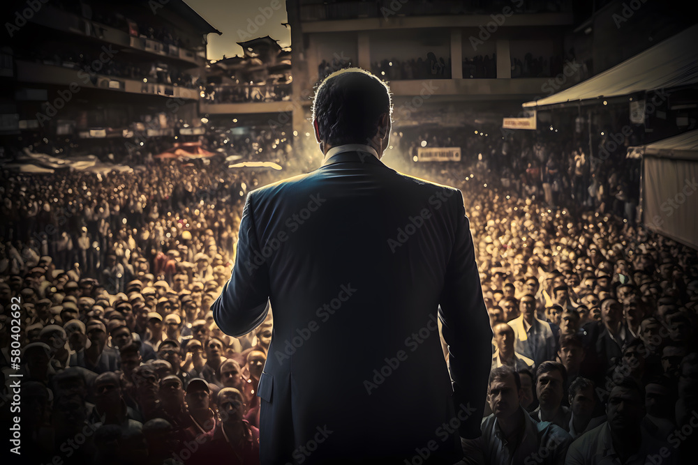 The politician deputy speaks on the stage in front of a crowd of people ...