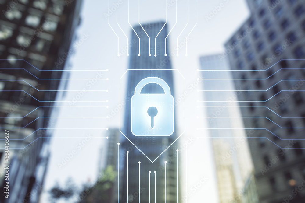 Virtual creative lock illustration with microcircuit on modern ...
