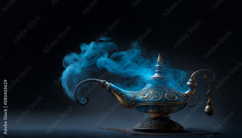 Genie from lamp in blue smoke. Fantasy fairy tale. AI generative content Stock Illustration ...