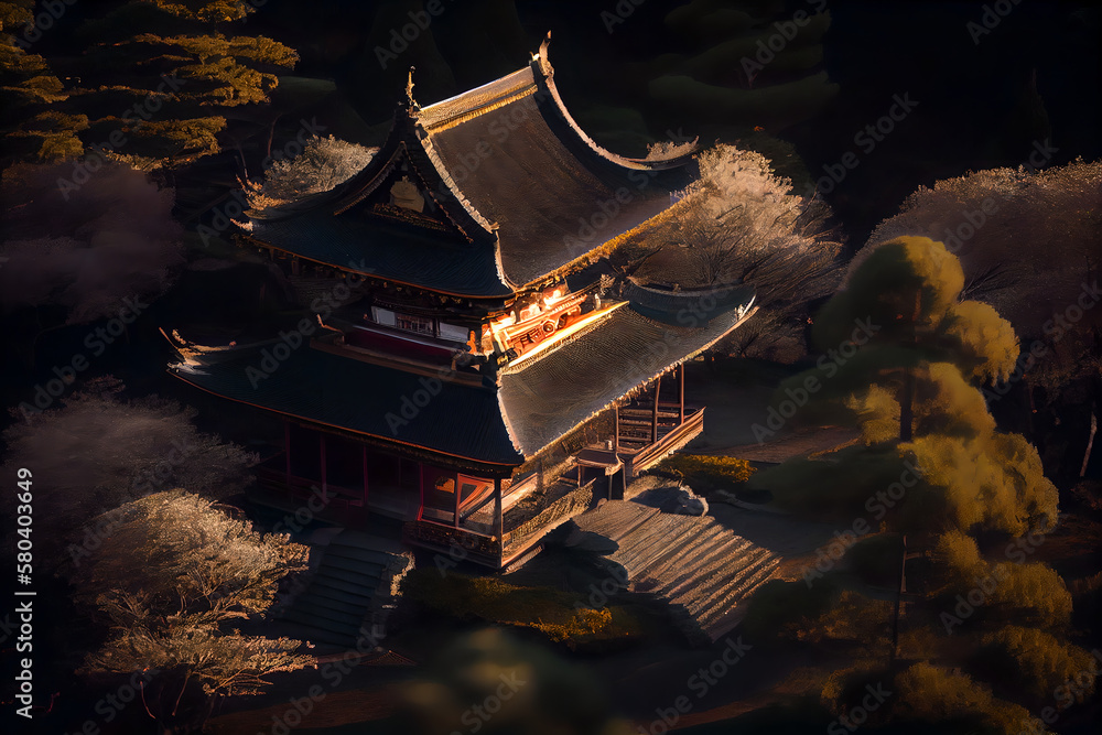 This breathtaking drone shot captures an empty Japanese temple nestled ...