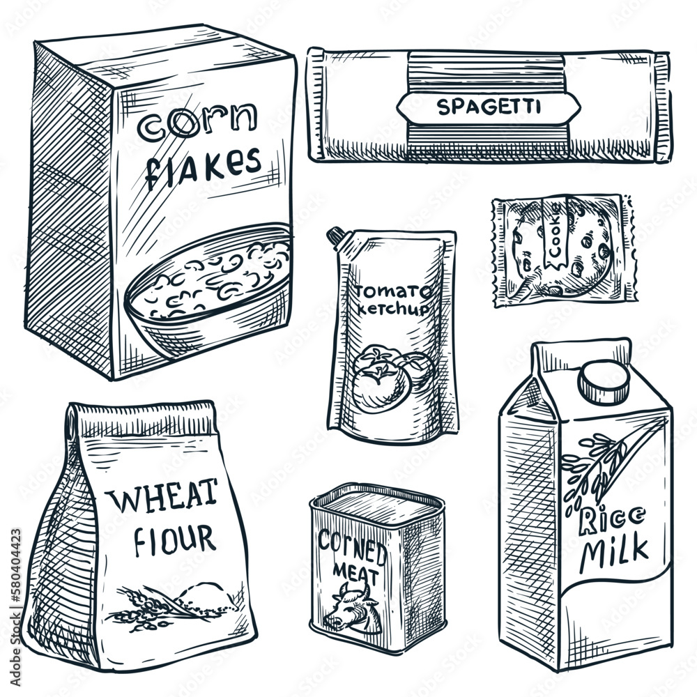 Food in packages, grocery supermarket set. Cardboard boxes, plastic ...