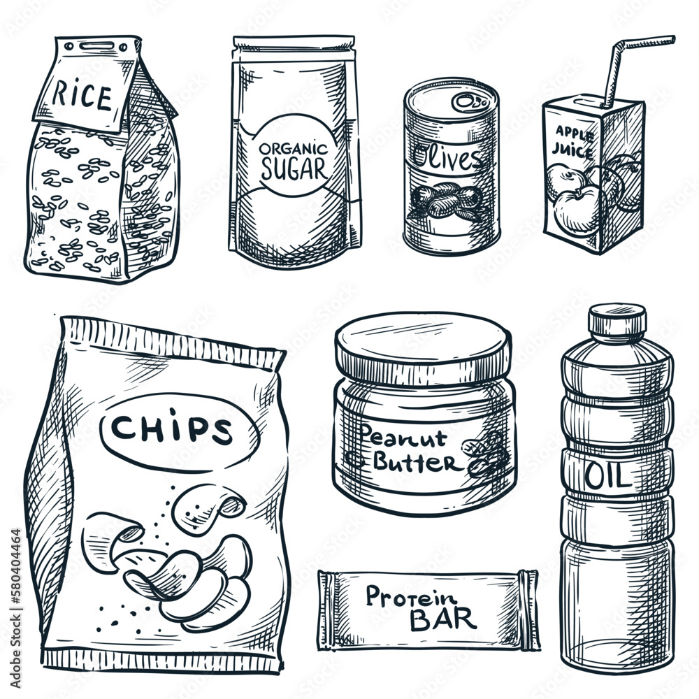 Food in packages, grocery supermarket set. Cardboard boxes, plastic ...