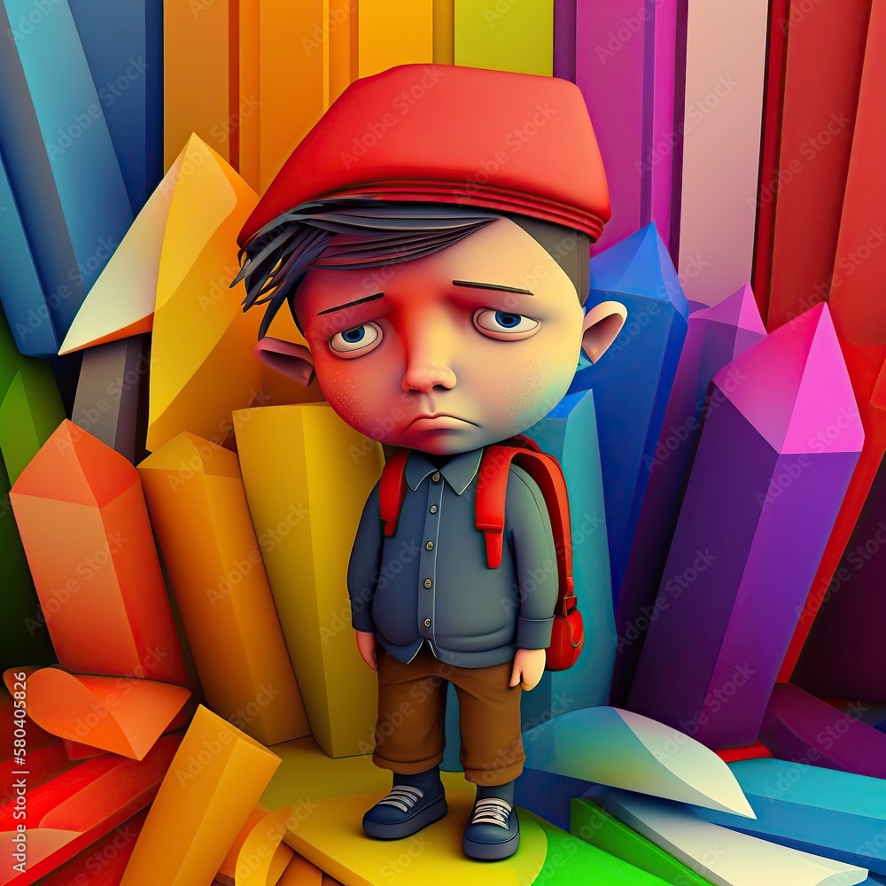 cartoon illustration, a sad schoolboy on a colorful background, ai ...