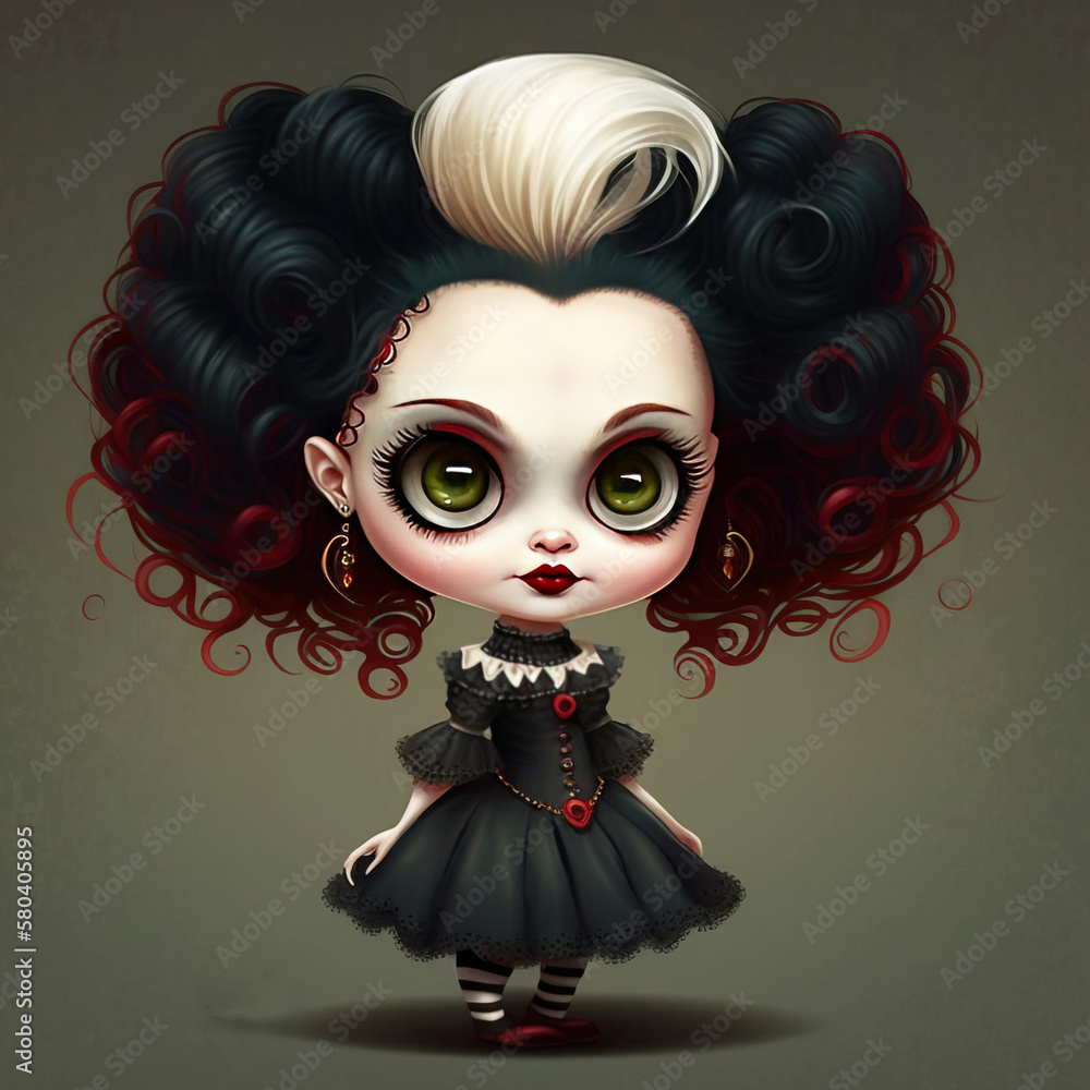 cute Cruella de Vile goth goddess Chibi girl with big eyes that looks ...