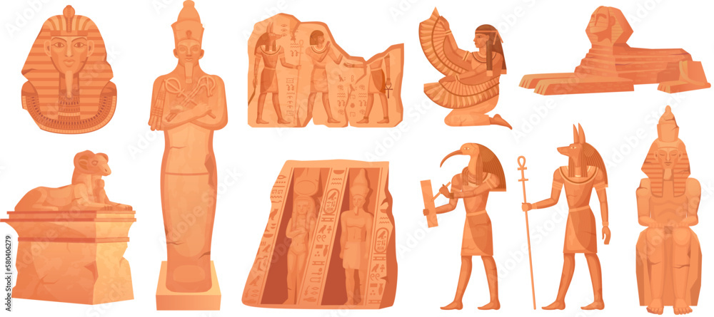 Egyptian stone statue. Ancient clay figurines or rock monuments of god ...