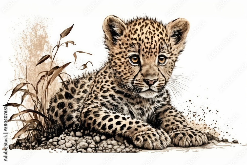 This is a picture of a cute leopard cub on a white background. Little ...