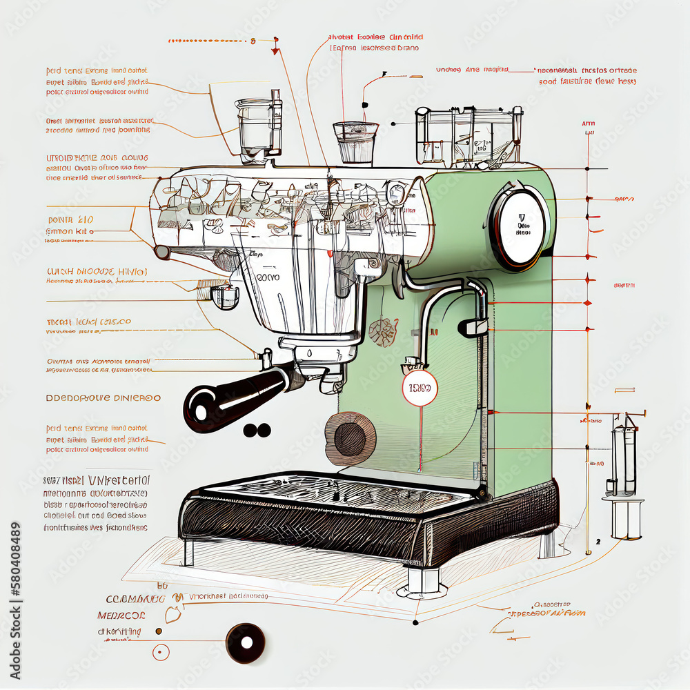 Generative AI diagram of a vintage espresso machine Stock Illustration | Adobe Stock
