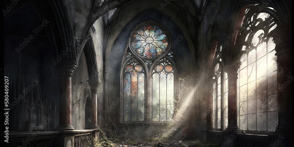 Abandoned church, broken glass and peeling frescoes. Captured in a ...