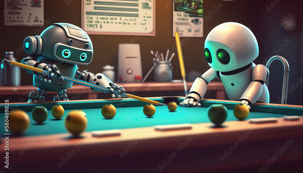 two robot friends playing pool billiard table game together ...