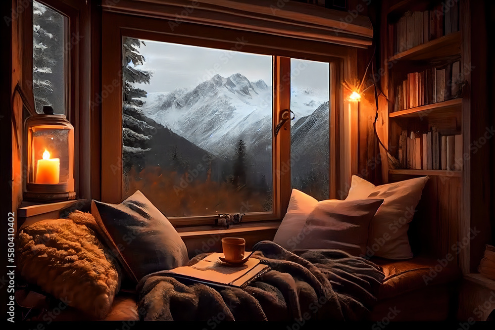 cozy reading nook inside a chic mountain cabin with a snowy mountain ... cozy reading nook inside a chic mountain cabin with a snowy mountain ...
