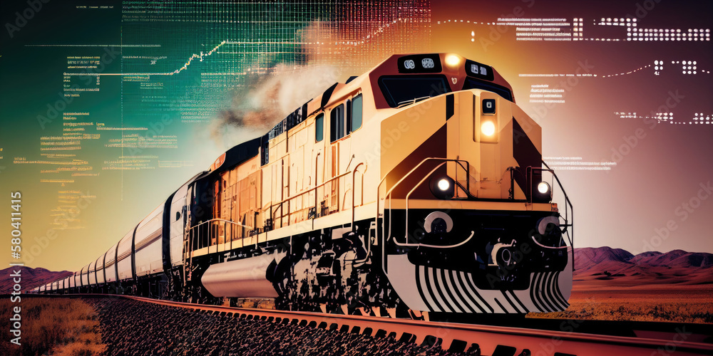The picture of a train on a background of analytics data represents the ...
