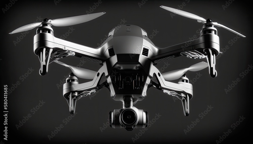 A black and silver drone hovers against a dark background, lit by a ...