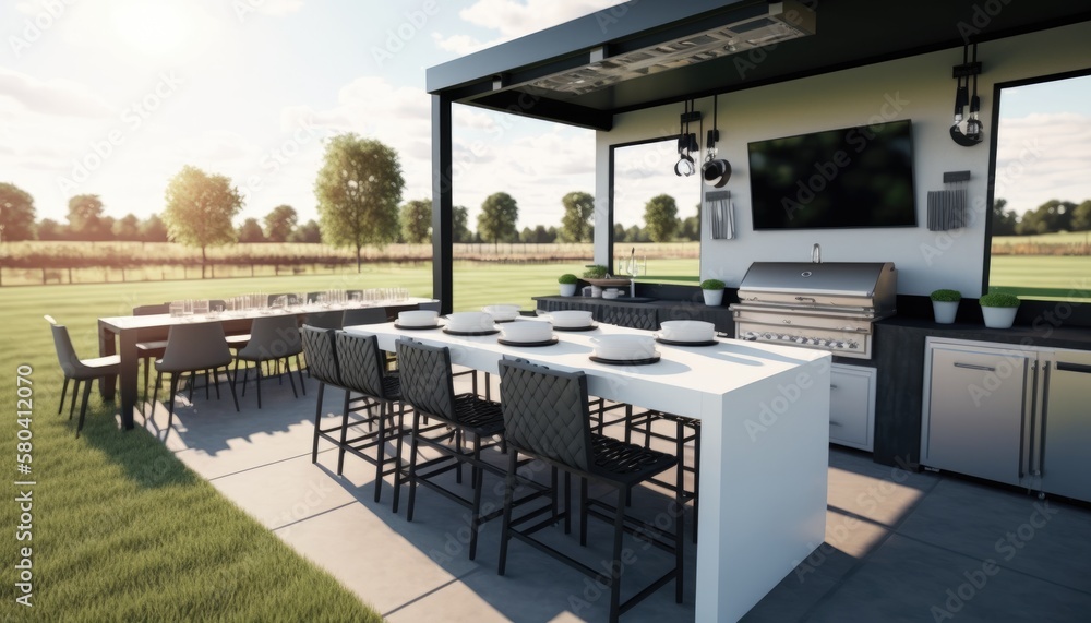A modern outdoor kitchen set up on a sprawling sports field, complete ...