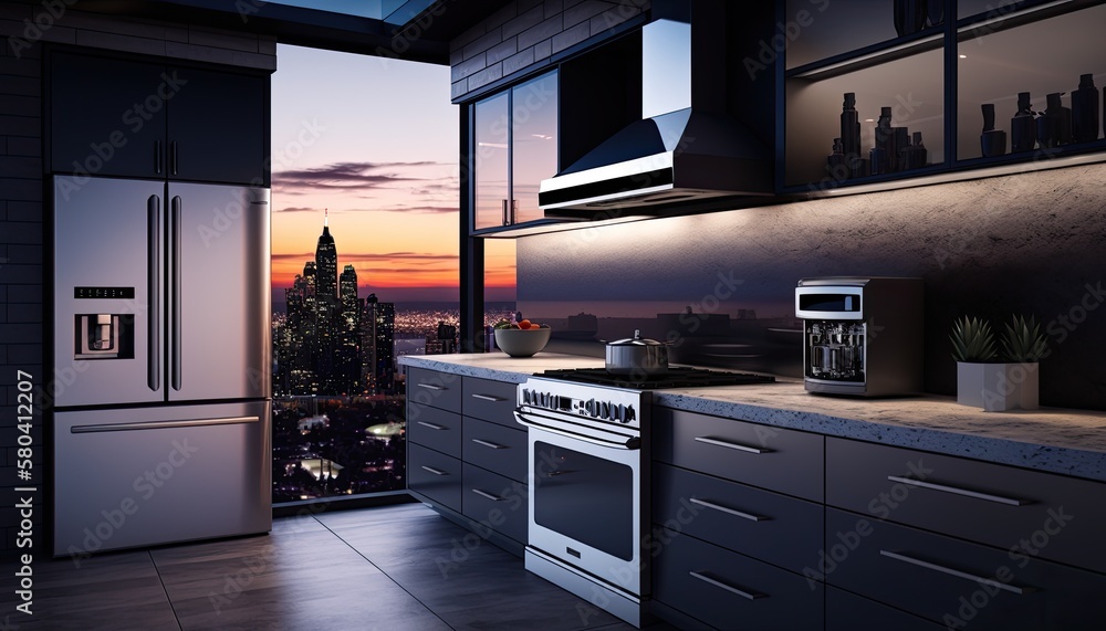 A sleek and modern kitchen setup featuring a granite countertop and ...