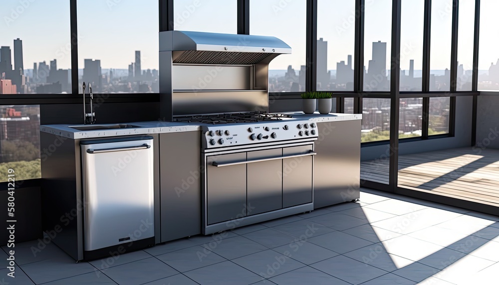 A sleek and modern kitchen setup featuring a granite countertop and ...