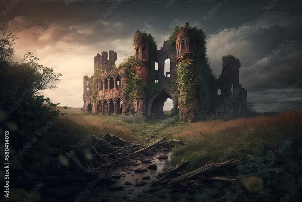 Ruined castle, crumbling walls, overgrown grounds. Moody, romantic ...