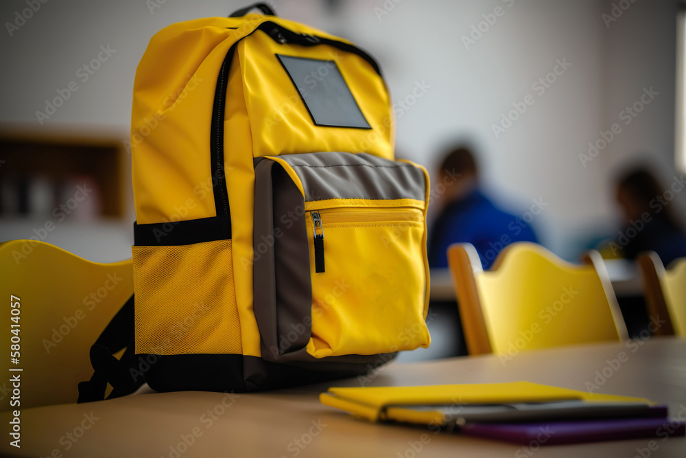 School classroom. New school bag on a student's desk in the classroom ...