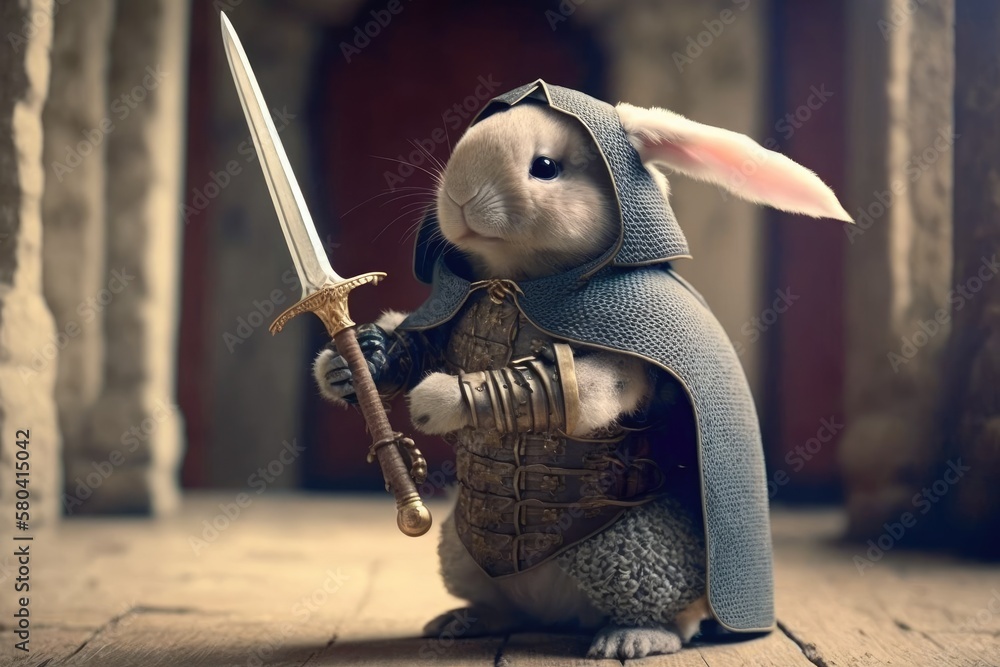 Rabbit in armor and a sword, looking cute and funny. Generative AI ...