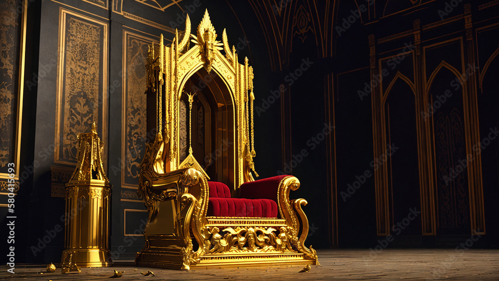 empty royal throne made of red cloth and gold in black room with golden ...
