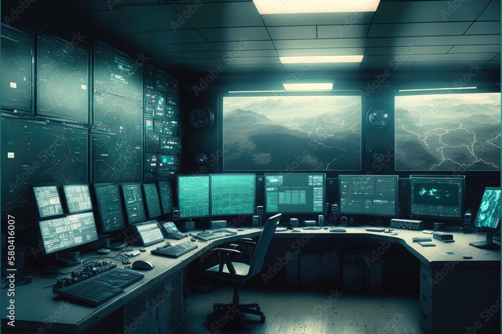 Entrovinment of a huge futuristic empty control room with monitors ...