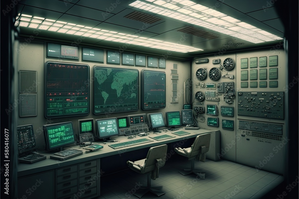 Entrovinment of a huge futuristic empty control room with monitors ...