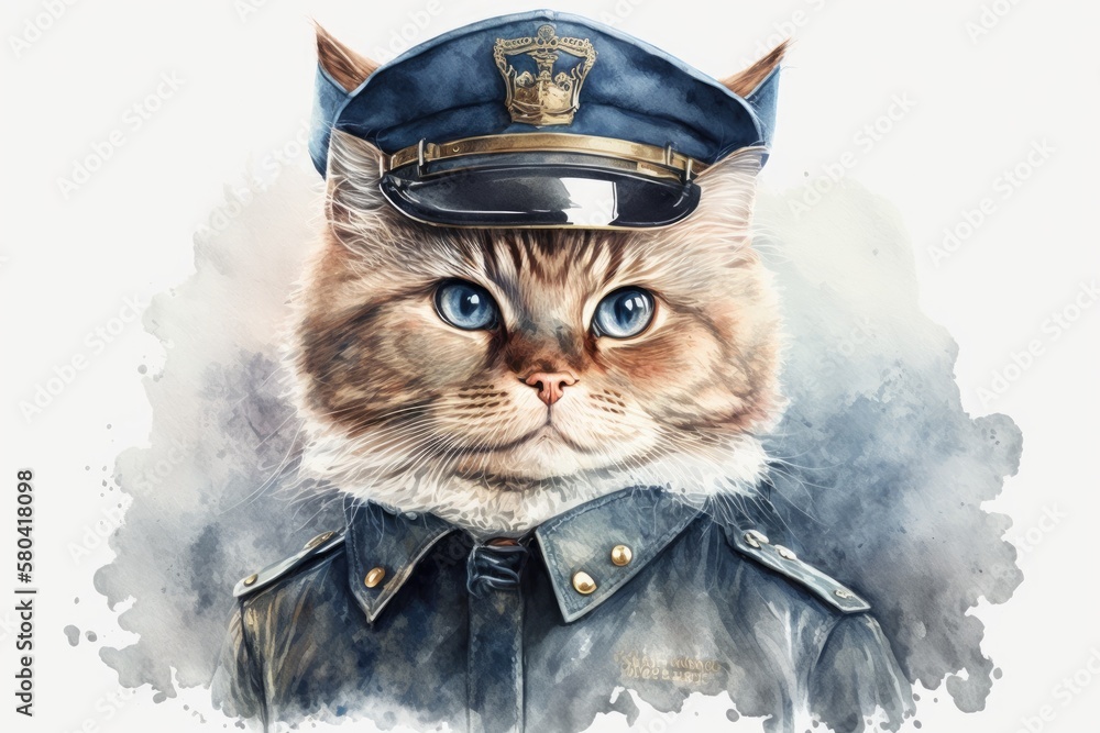 Serious cat is dressed like a police officer. Watercolor illustration ...