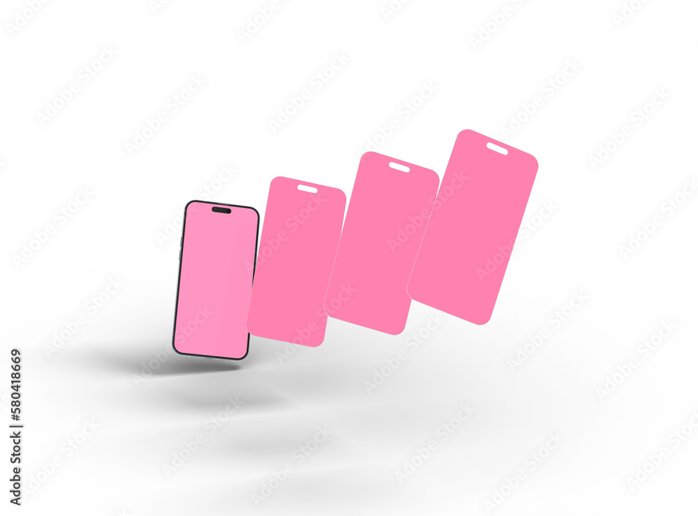 Render of smartphone and some separated screens floating on transparent ...