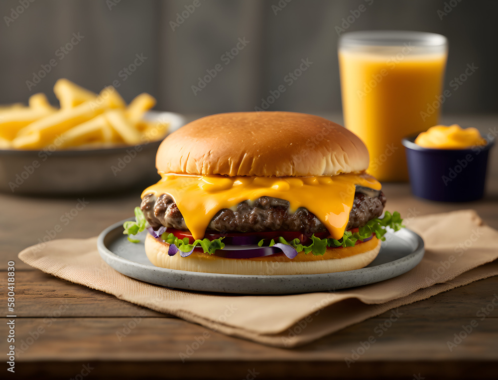 A delicious cheeseburger with a golden, crispy beef fillet, topped with ...