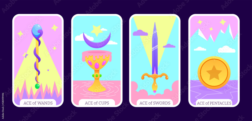 Tarot flat cartoon ace set Taro the Minor Arcana, aces of wands ...
