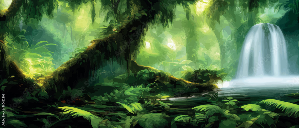 Waterfall Jungle Landscape Vector illustration. Tropical natural ...