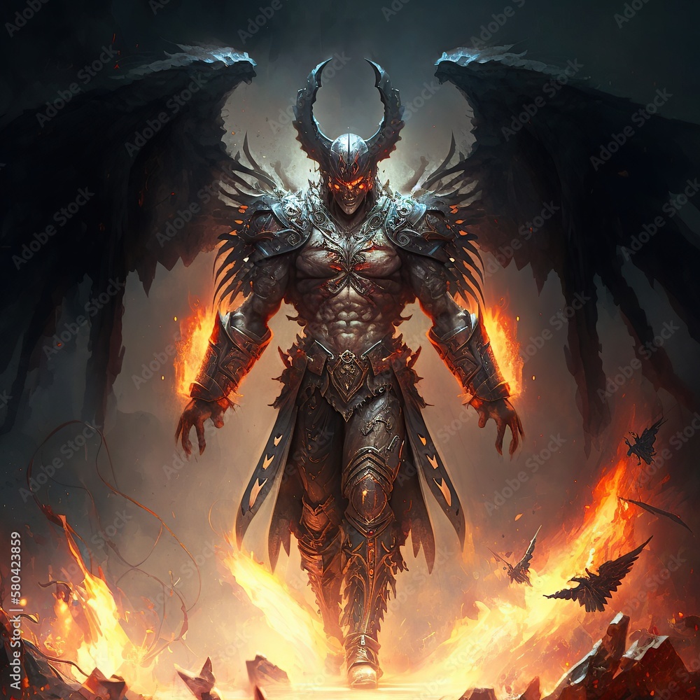 Fallen angel of death. Lucifer with glowing fire wings created by ...