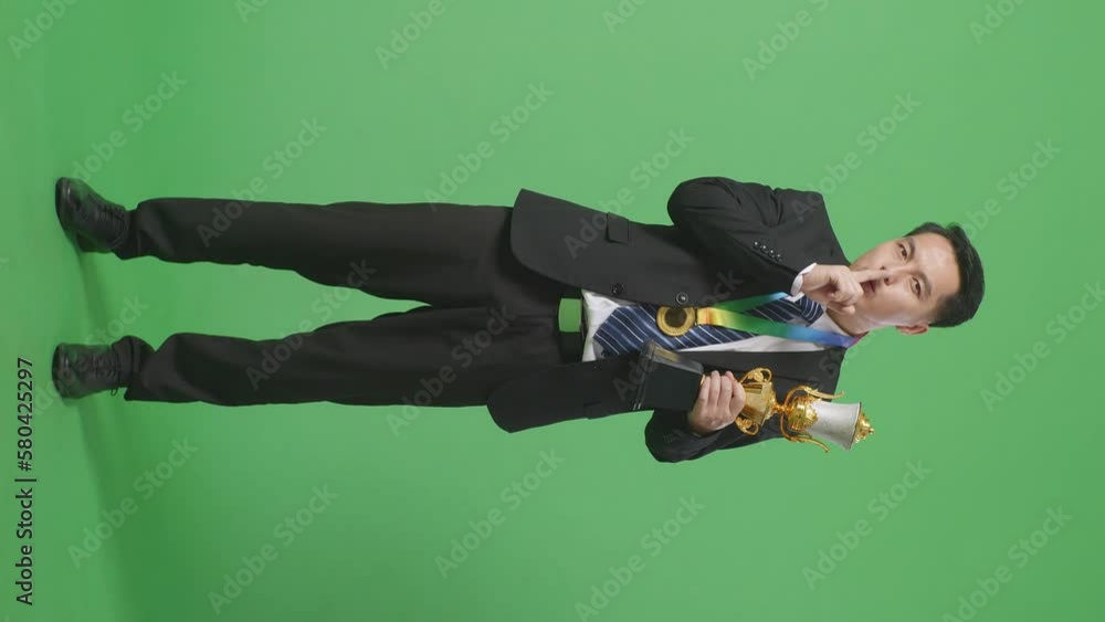 Full Body Of Asian Business Man In A Suit And Tie With A Gold Medal And ...