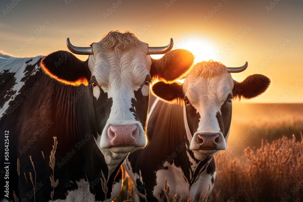 Cows herd on a grass field during the summer at sunset. A cow is ...