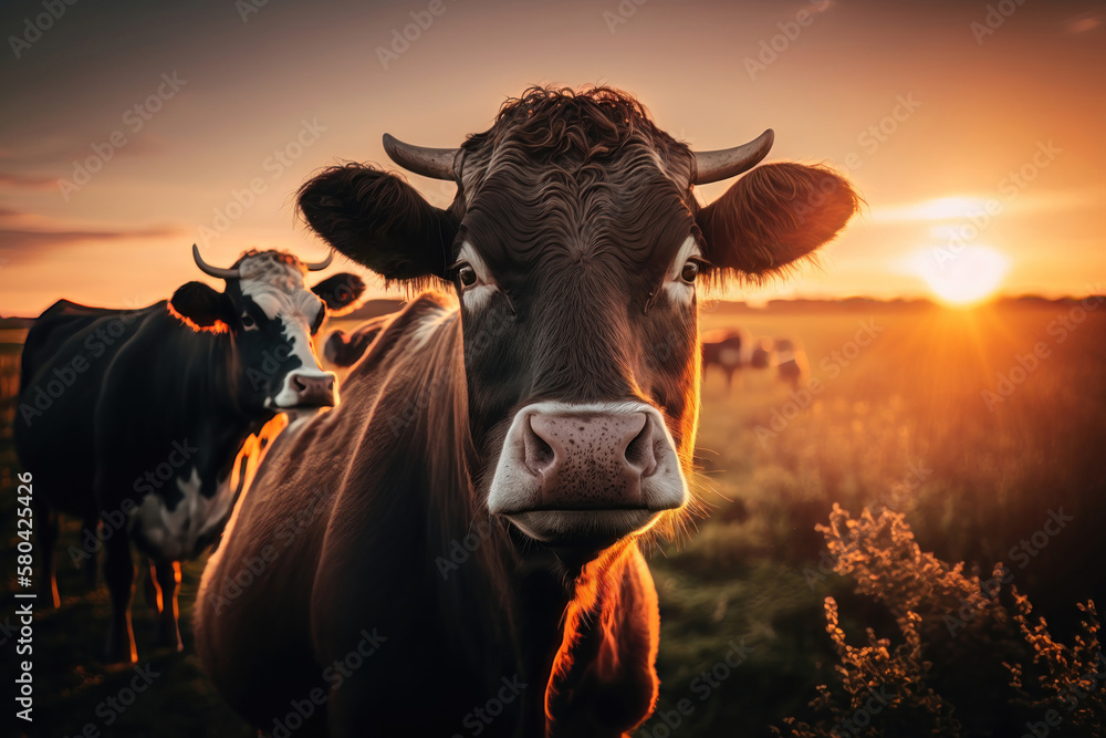 Cows herd on a grass field during the summer at sunset. A cow is ...
