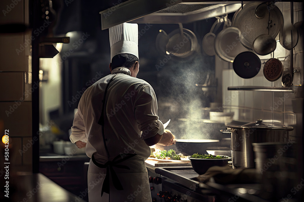 Chef cooking in restaurant kitchen interior. Back view of man in chef ...