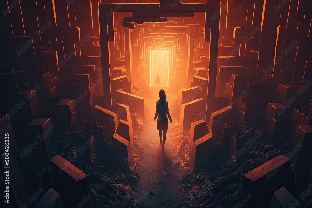 Person wanders in labyrinth of his consciousness. Man silhouette in ...